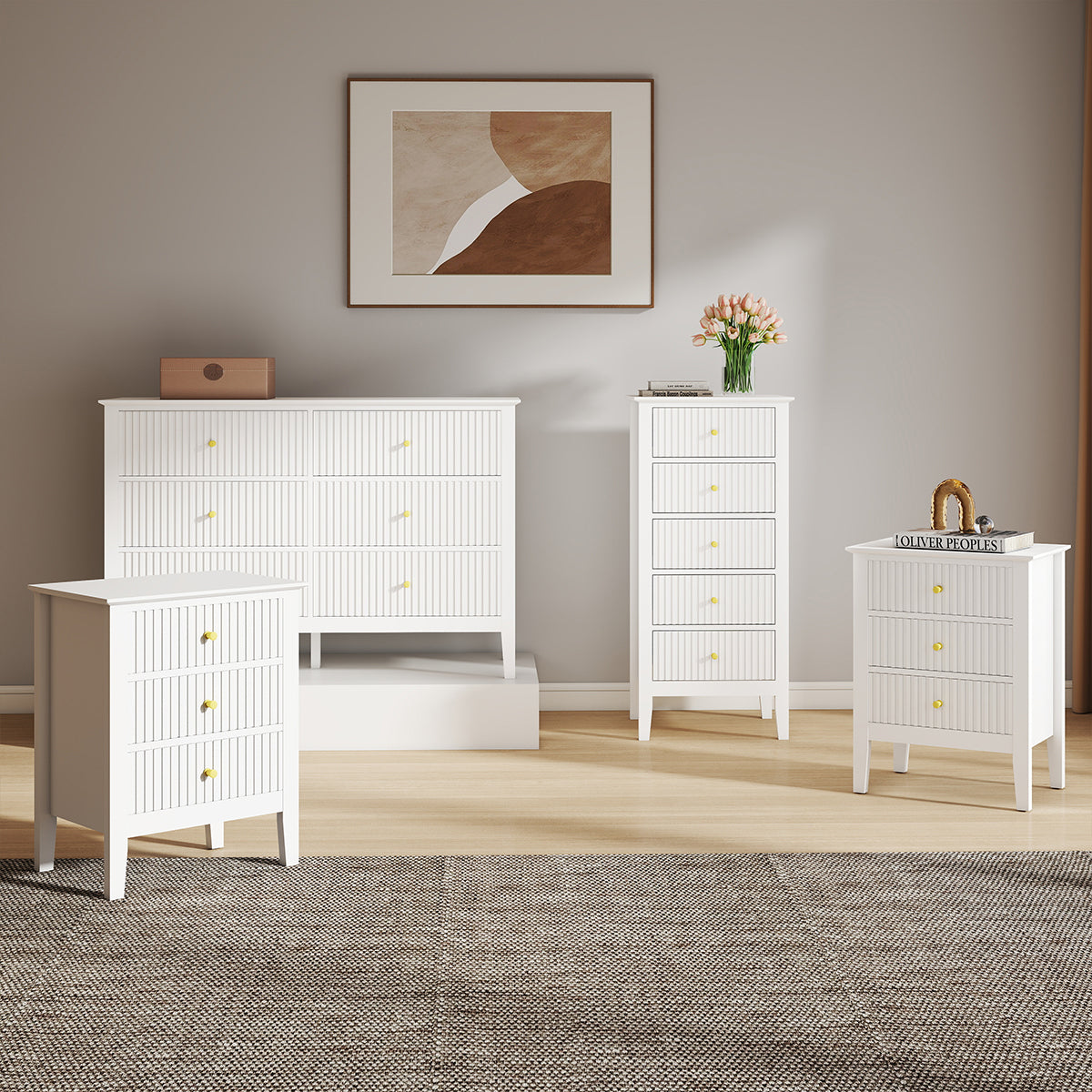 3 Drawer Chest of Drawers, Tall 5 Drawer Bedside Table and Pair of 3 ...