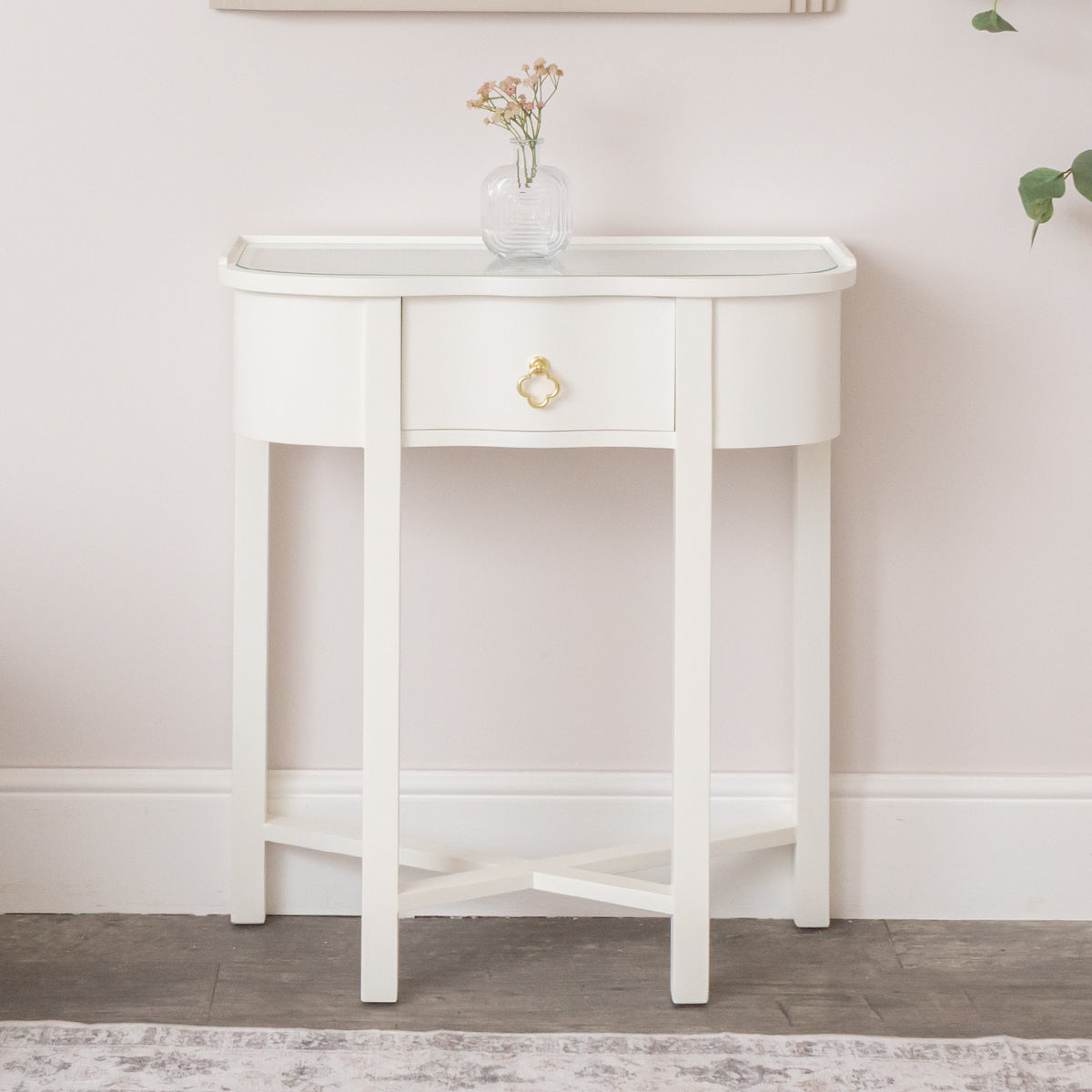 One Drawer Half Moon Console Table with Hessian & Glass Top - Austin W ...