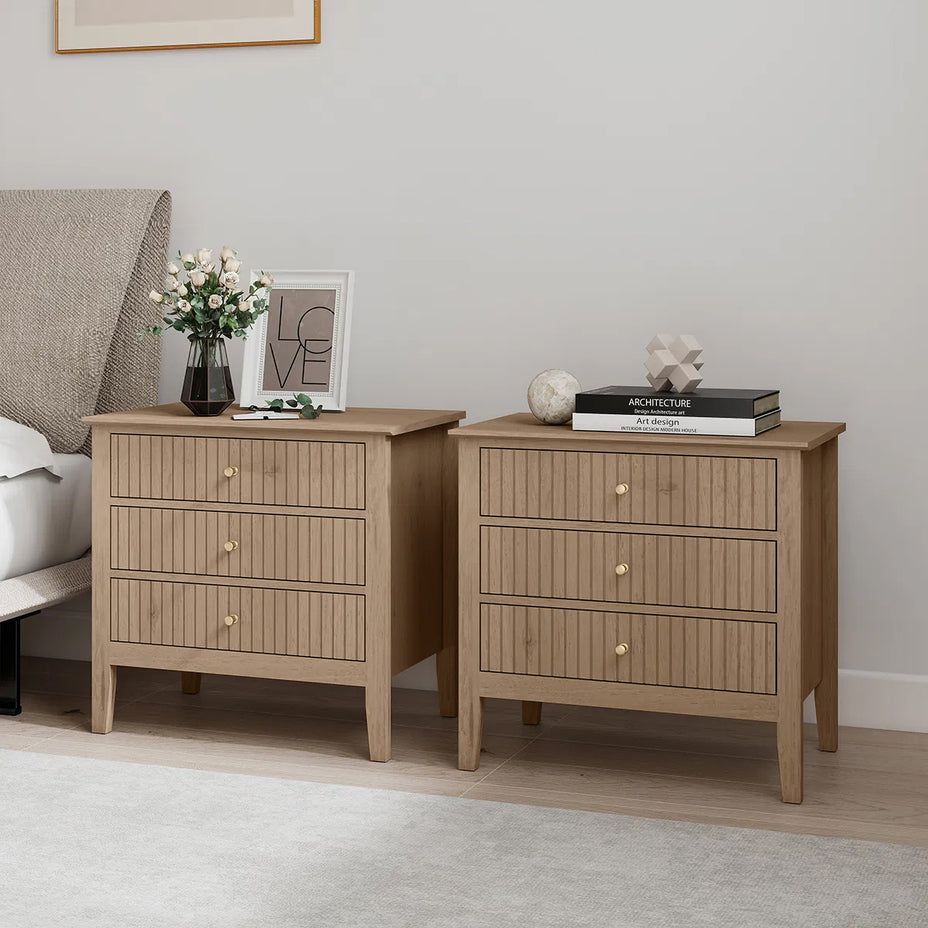 Set Of 2 Large 3 Drawer Bedside Tables - Hales Pale Wood Range – Melody ...